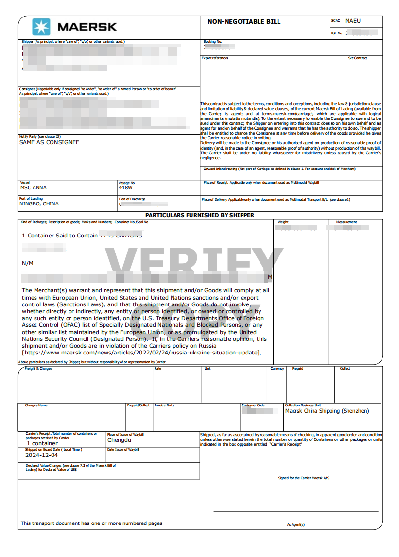 Bill of lading information must be verified carefully! Errors may ...